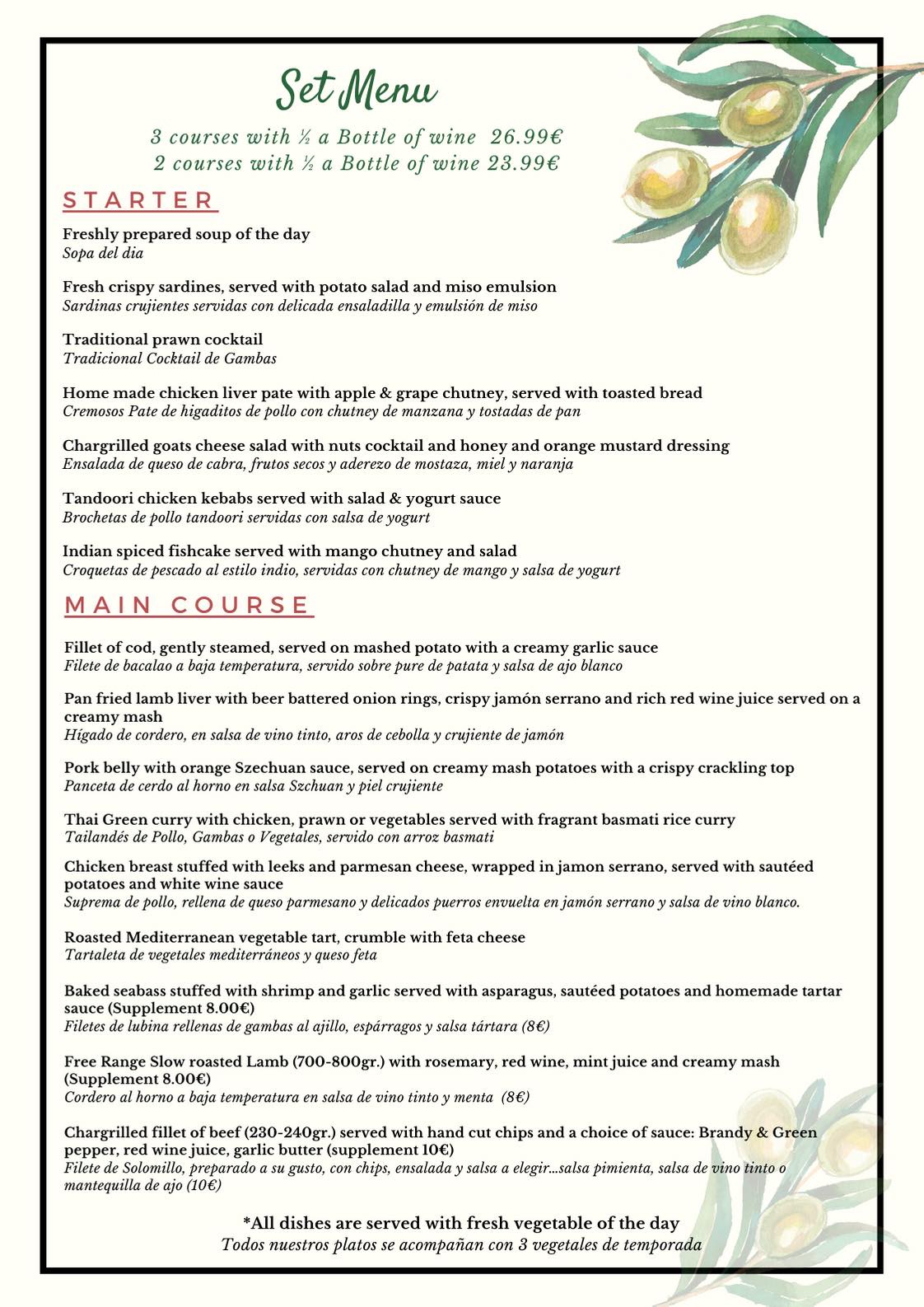 Menu - Restaurant The Olive Tree Moraira