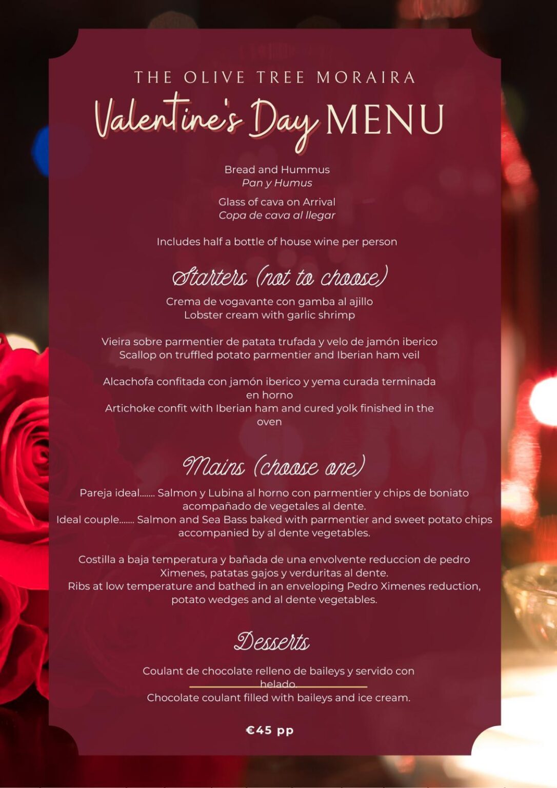 Valentines Menu - Restaurant The Olive Tree Moraira